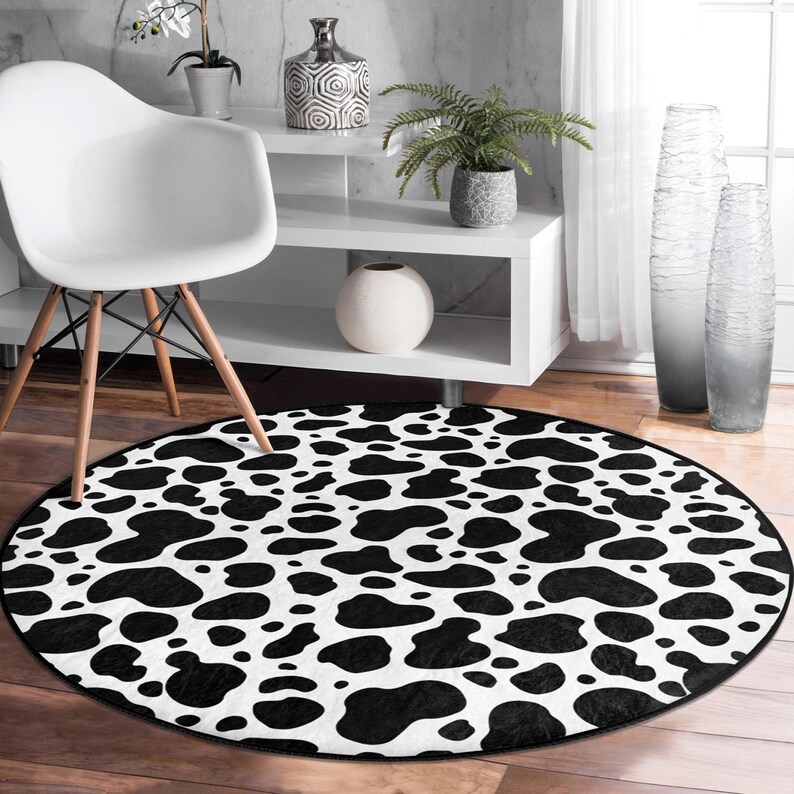 Cow Print Round Rug Black White Circle Farmhouse Carpet - Etsy