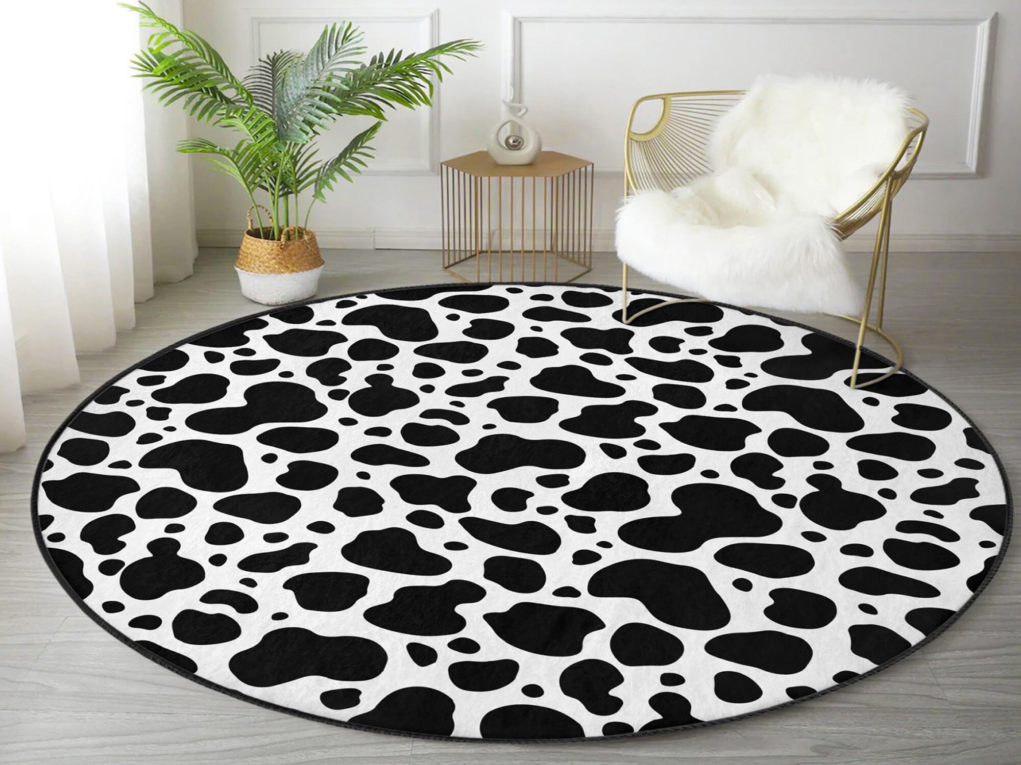 Cow Print Round Rug Black White Circle Farmhouse Carpet - Etsy