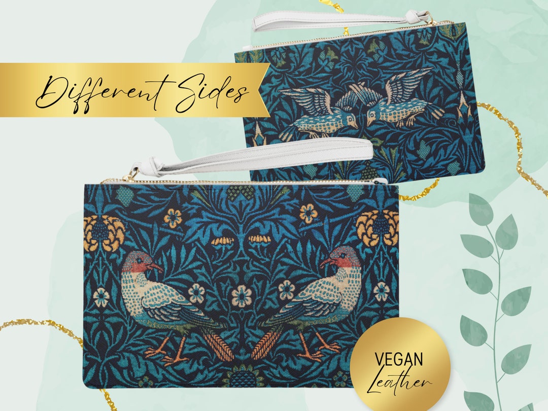 William Morris Bird Pattern Printed on Vegan Leather Clutch Bag, Deep ...