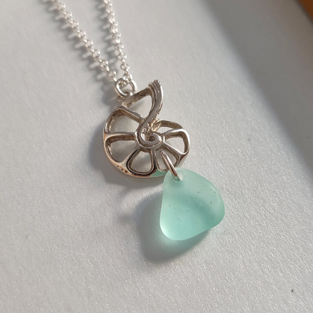 Genuine Sea Glass in Sea Water Color With Silver Sea Shell Pendant, 925 ...