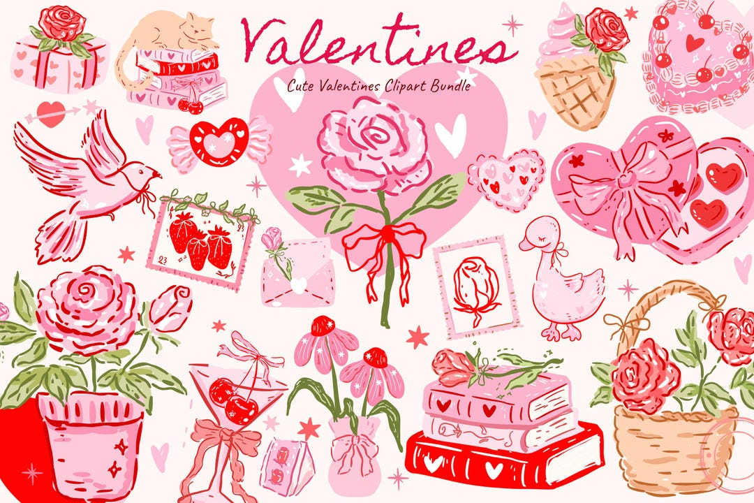 Valentines Clipart PNG SVG: Hand-drawn Hearts, Teddy Bear (digital ...