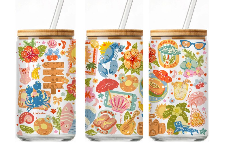Retro Summer Libbey Wrap, 16oz Glass Can PNG, Vintage Beach Clipart ...