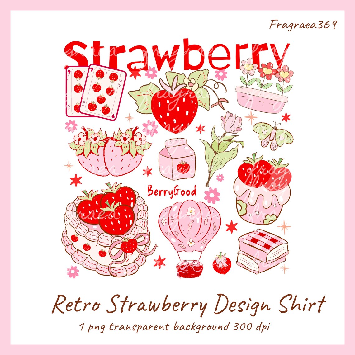 Preppy Strawberry PNG: Hand-drawn Art With Girly Bow (digital Download ...