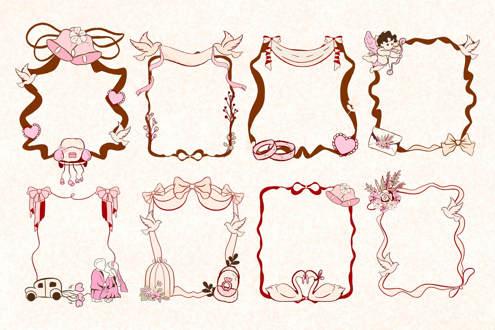 Wedding Ribbon Frame Clipart,pink Bows Ribbons, Hand Drawn Wedding Png ...