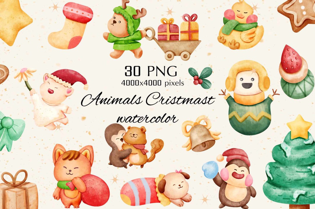 Animals Christmas Watercolor PNG Clipart and Sublimation , Cute Animals ...