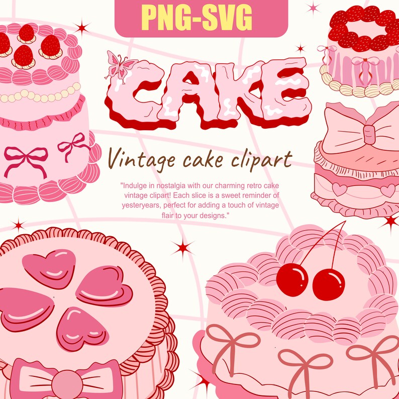 Vintage Cake Clipart: Retro Pink Cakes (PNG, SVG Digital Download) - Etsy