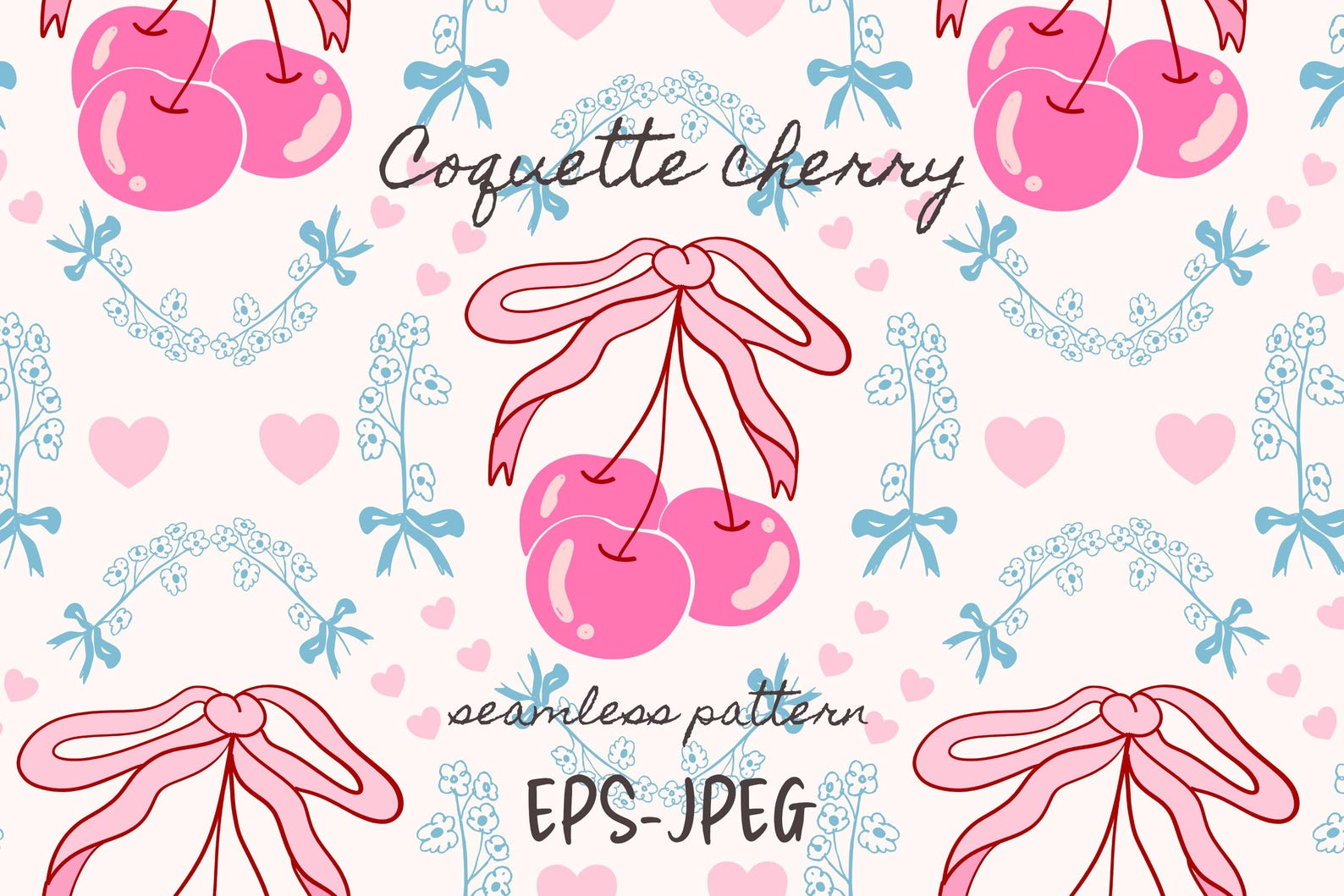 Cherry With Bow Pattern Seamless, Vintage Flower Seamless, Floral With ...