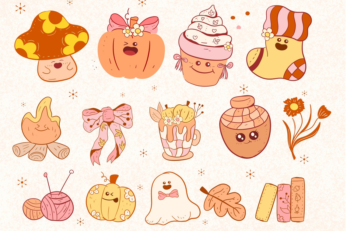 Groovy Retro Fall Clipart: Autumn PNG Graphics (digital Download) - Etsy