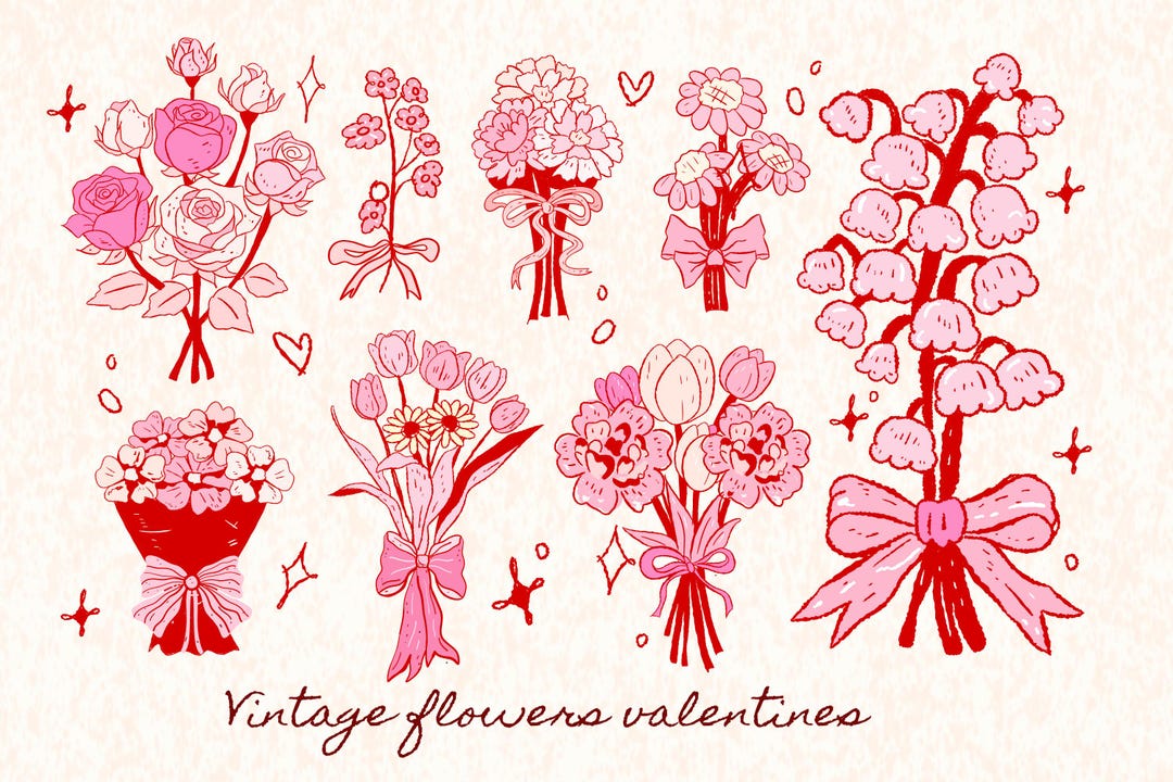 Vintage Floral Clipart: Hand-drawn Flower PNG, Valentine's Day (digital ...