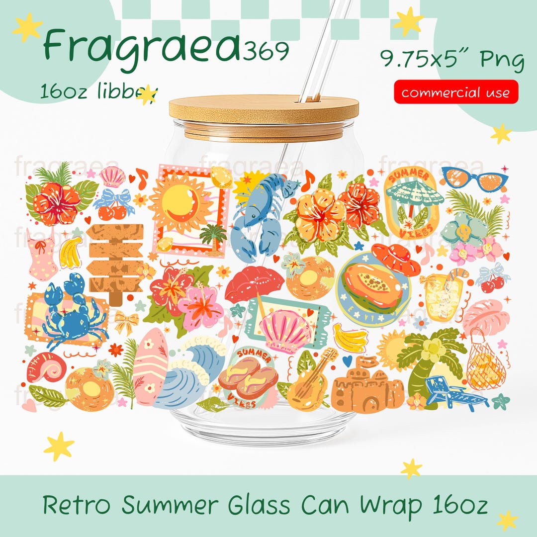 Retro Summer Libbey Wrap, 16oz Glass Can PNG, Vintage Beach Clipart ...