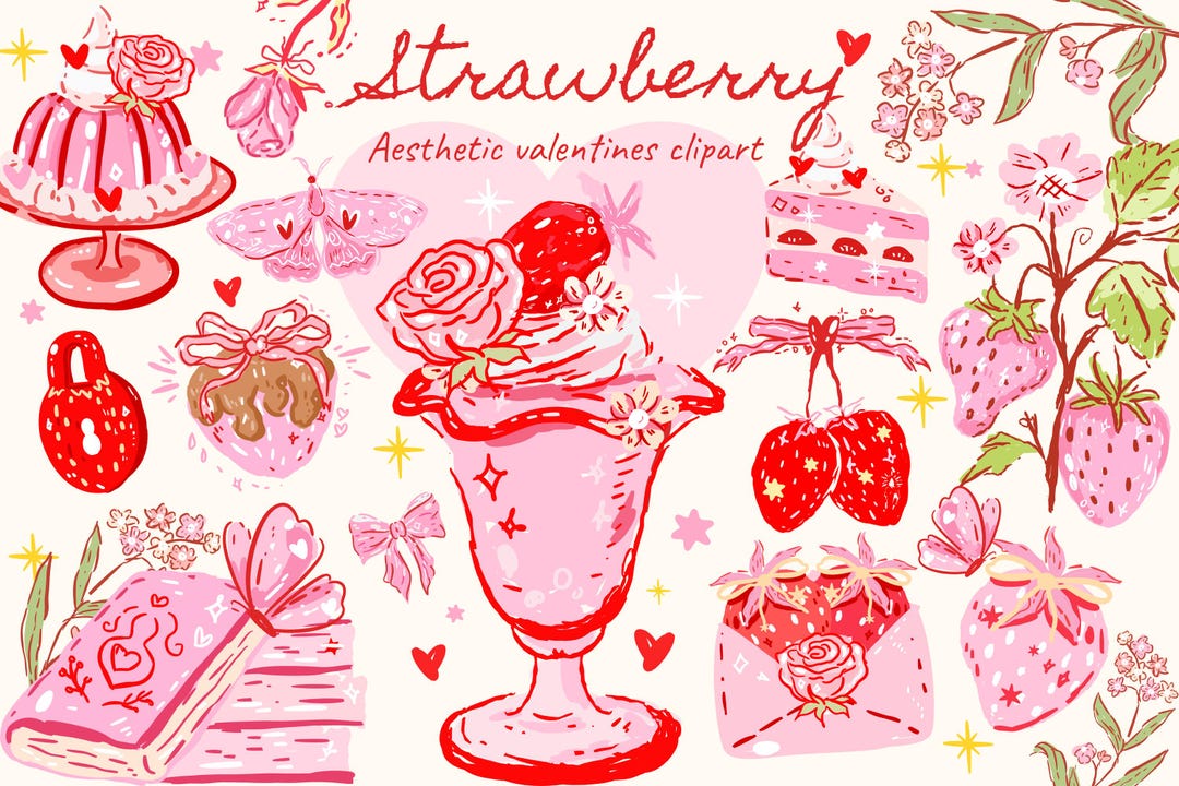 Hand Drawn Strawberry Clipart, Retro Valentine PNG SVG (digital ...