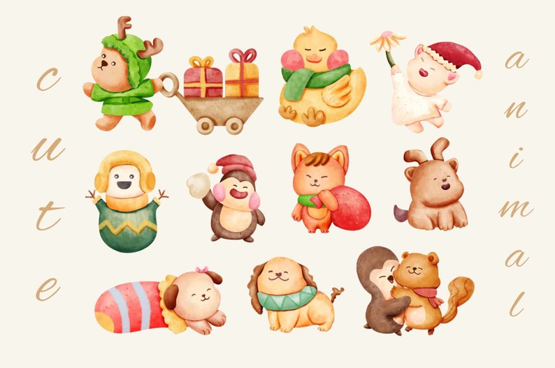 Animals Christmas Watercolor PNG Clipart and Sublimation , Cute Animals ...