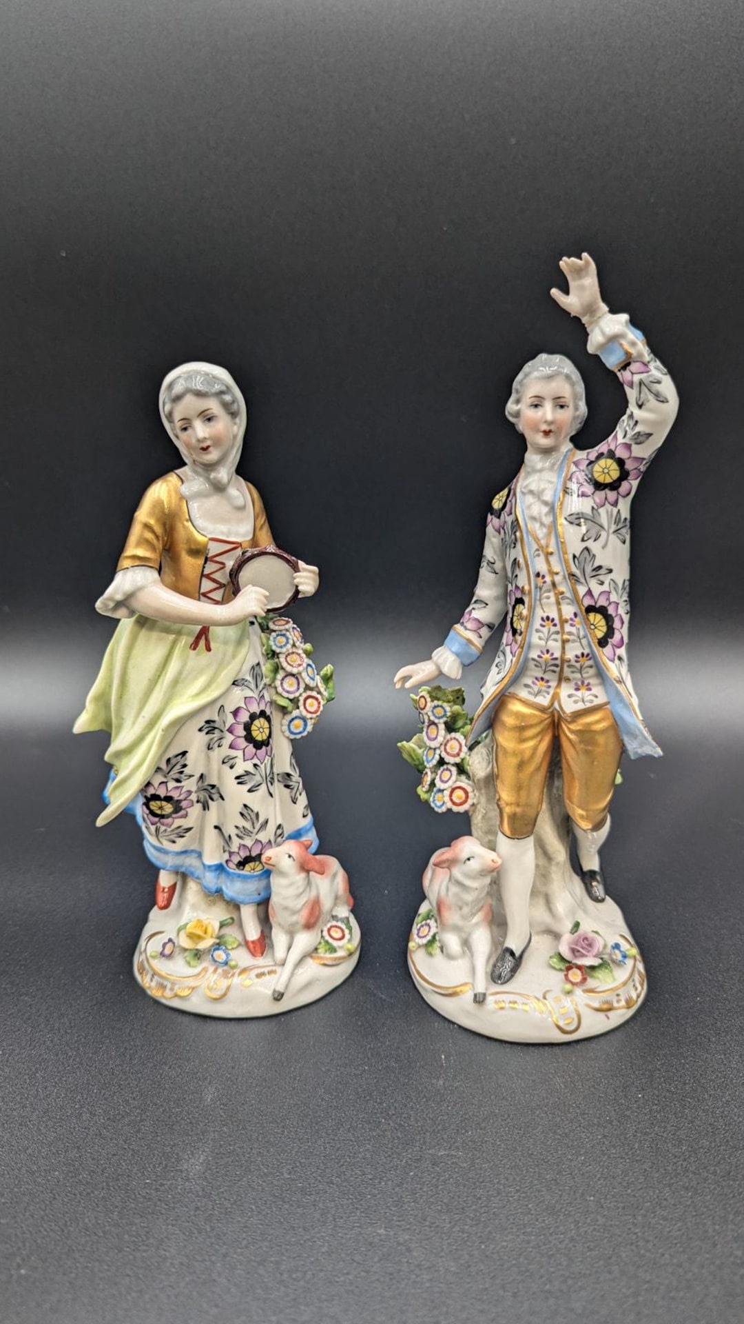 PAIR Sitzendorf Germany Porcelain Figurines Man and Woman Lambs Flowers ...