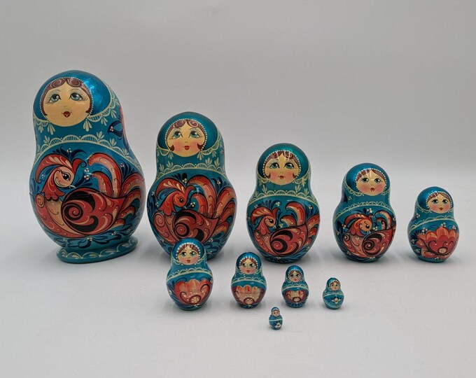 Vintage Russian Matryoshka Nesting Dolls Blue Peacock Set of 10 ...