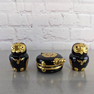 Set of 3 Mid Century MCM Owls and Turtle Black and Gold Lacquer Trinket ...