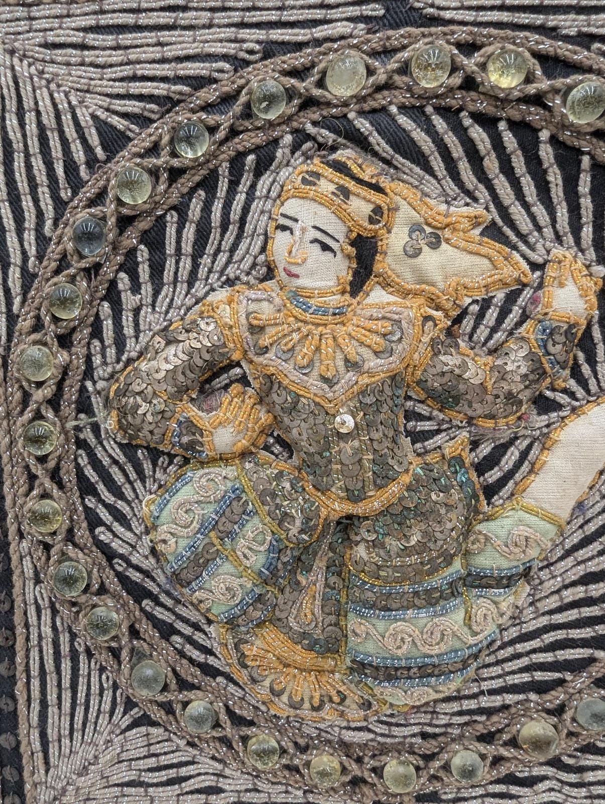 Vintage Kalaga Burmese Tapestry Embroidered Dancer Wall Hanging Framed ...