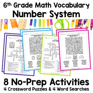 6th Grade Math Vocabulary Crossword Puzzles and Word Searches - No Prep ...