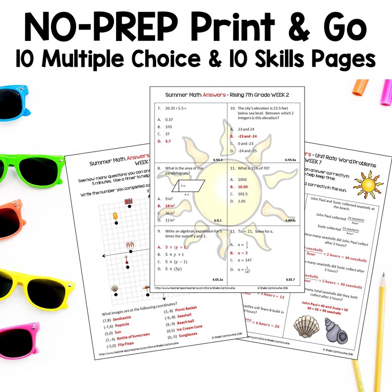 6th Grade Math Summer Review Packet Worksheets - No Prep Activities for ...