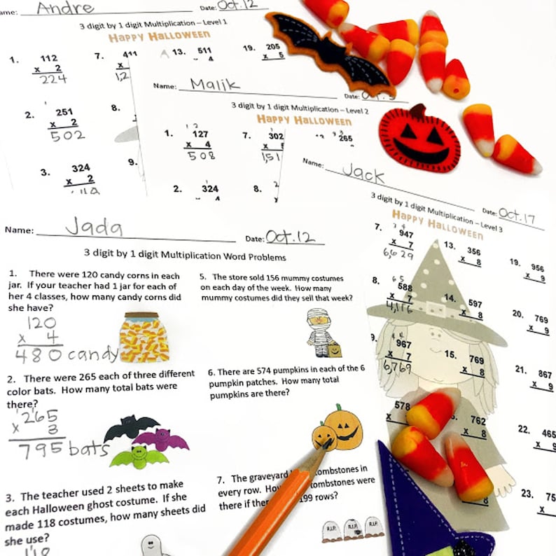 Halloween Math Worksheets for 3 Digit by 1 Digit Multiplication - Etsy