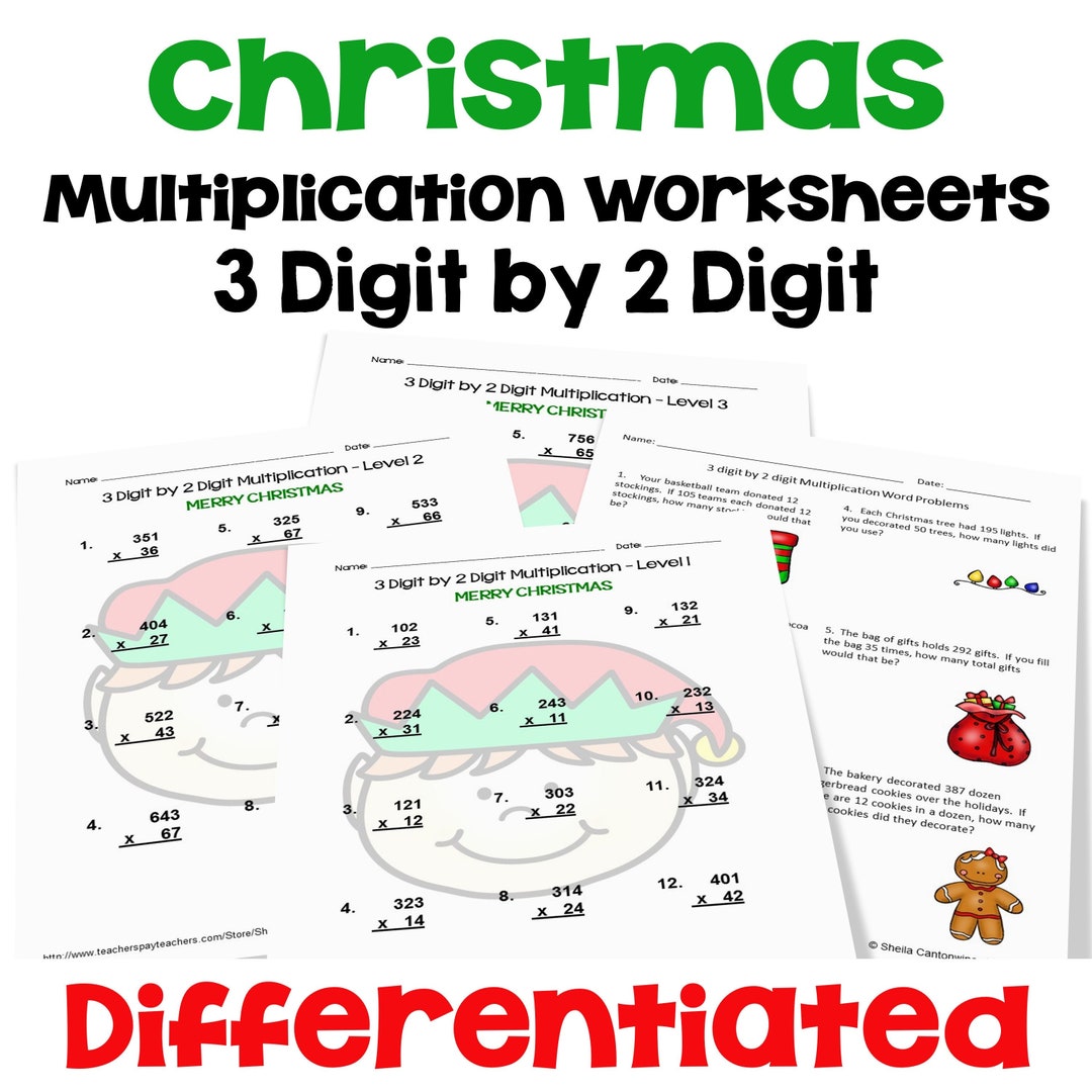 Christmas 3 Digit by 2 Digit Multiplication Worksheets With Word ...