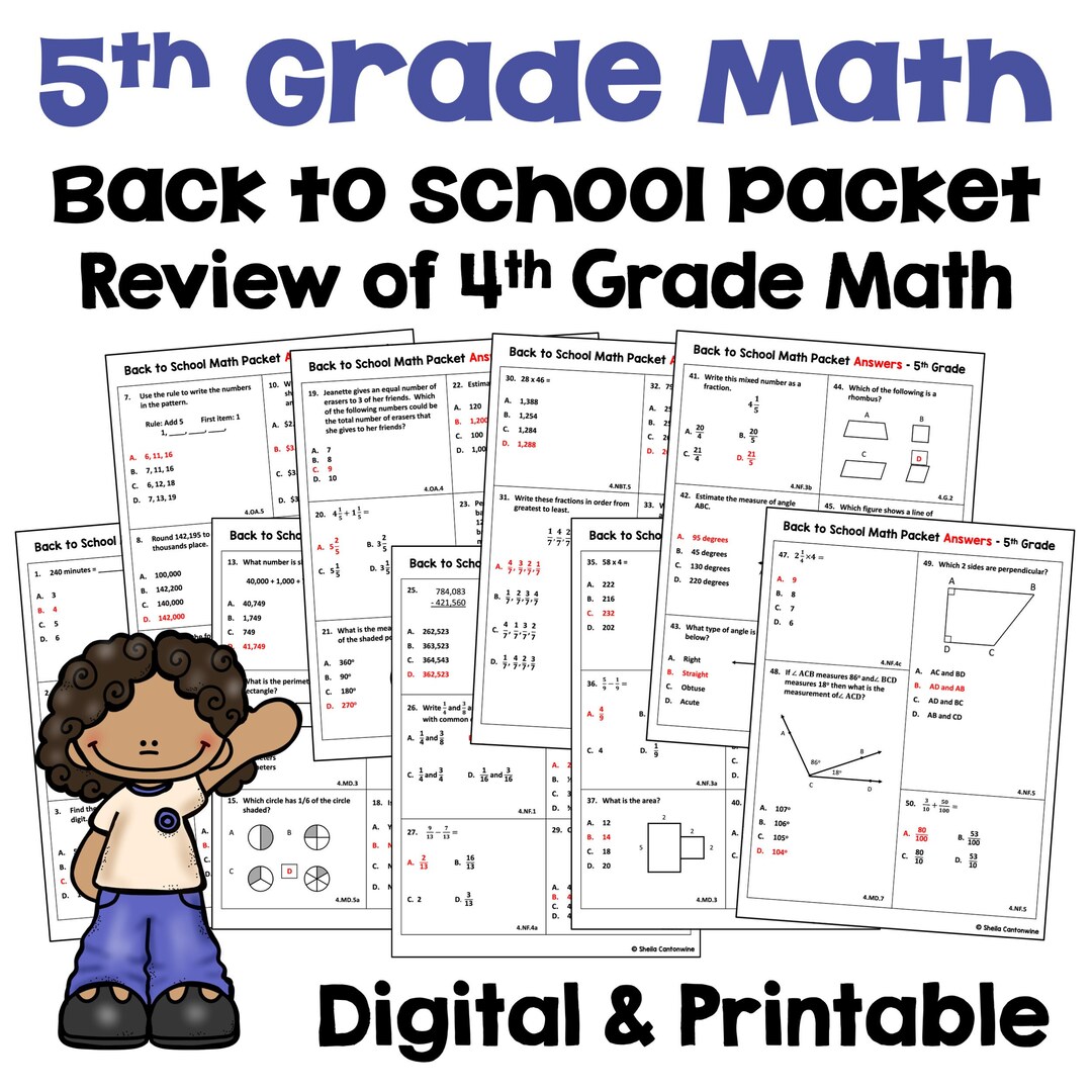5th Grade Math: Back to School 4th Grade Review (printable) - Etsy