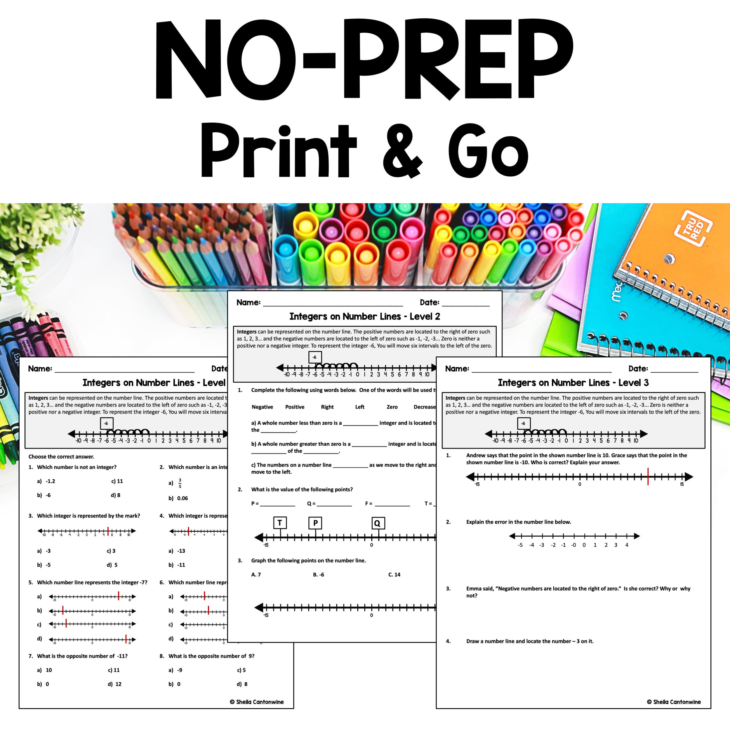 Integers on Number Lines Worksheets - Differentiated - Etsy