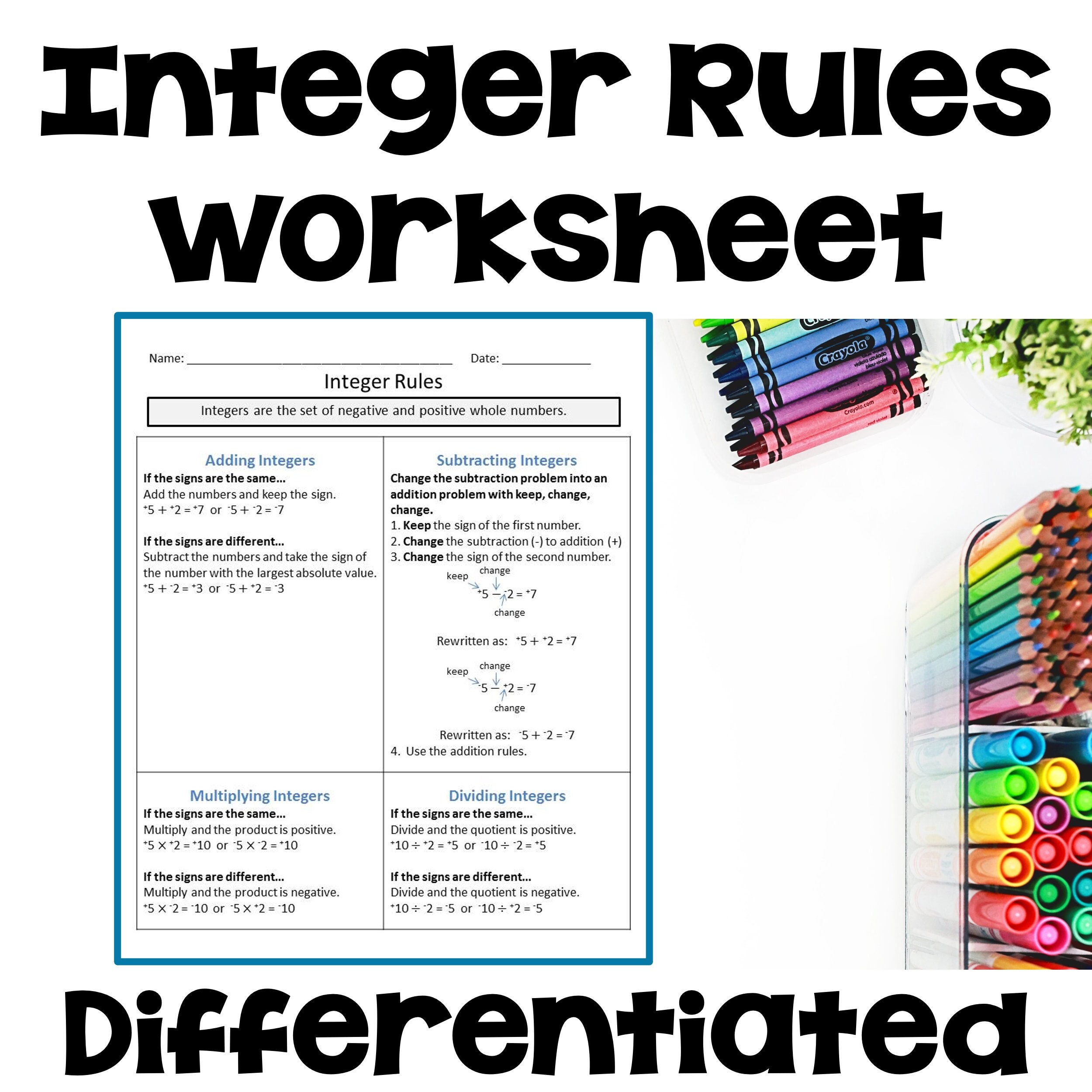 Integer Rules Worksheet - Etsy