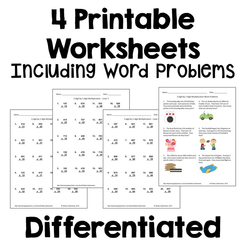 3 Digit by 2 Digit Multiplication Worksheets Differentiated - Etsy