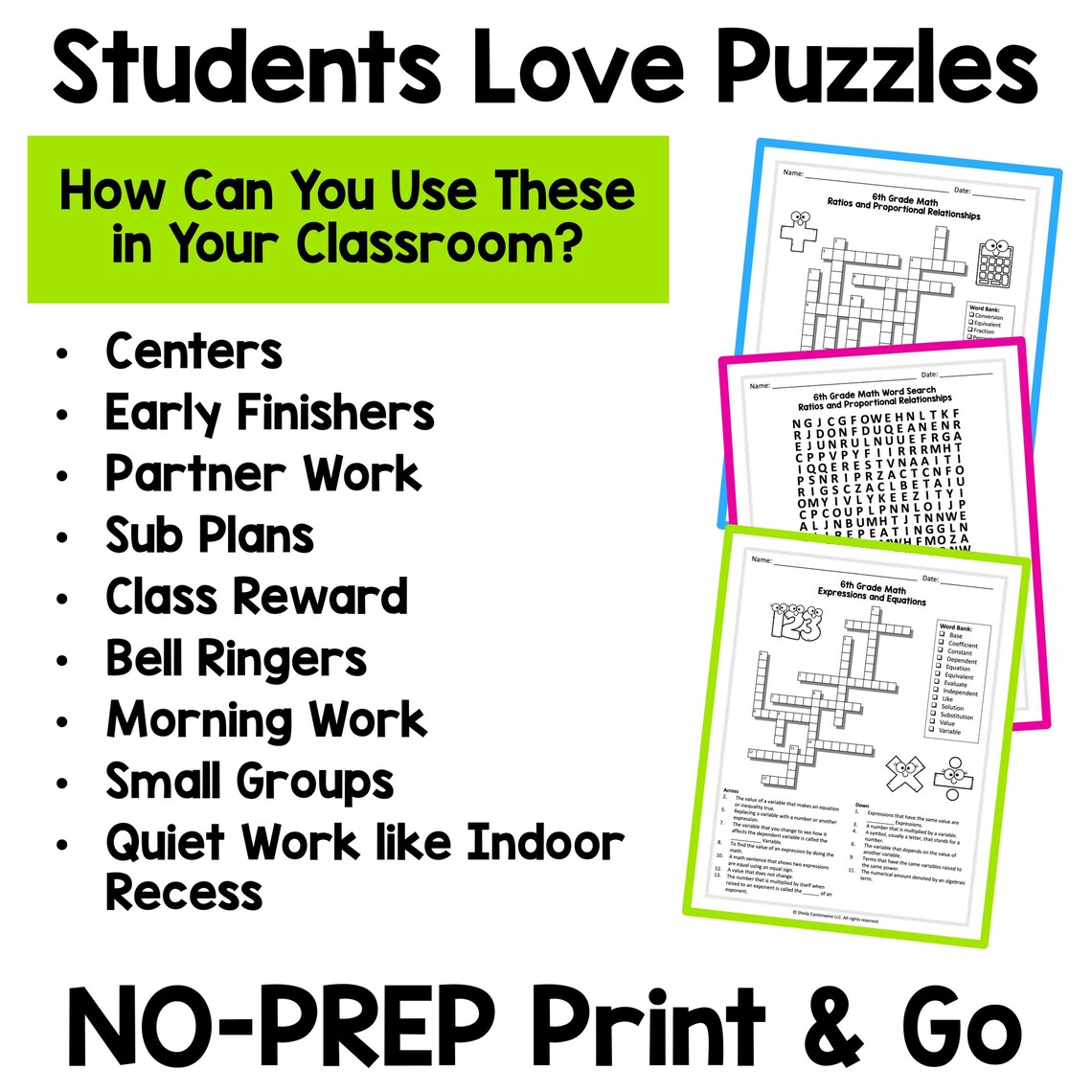 6th Grade Math Vocabulary Crossword Puzzles and Word Searches - No Prep ...