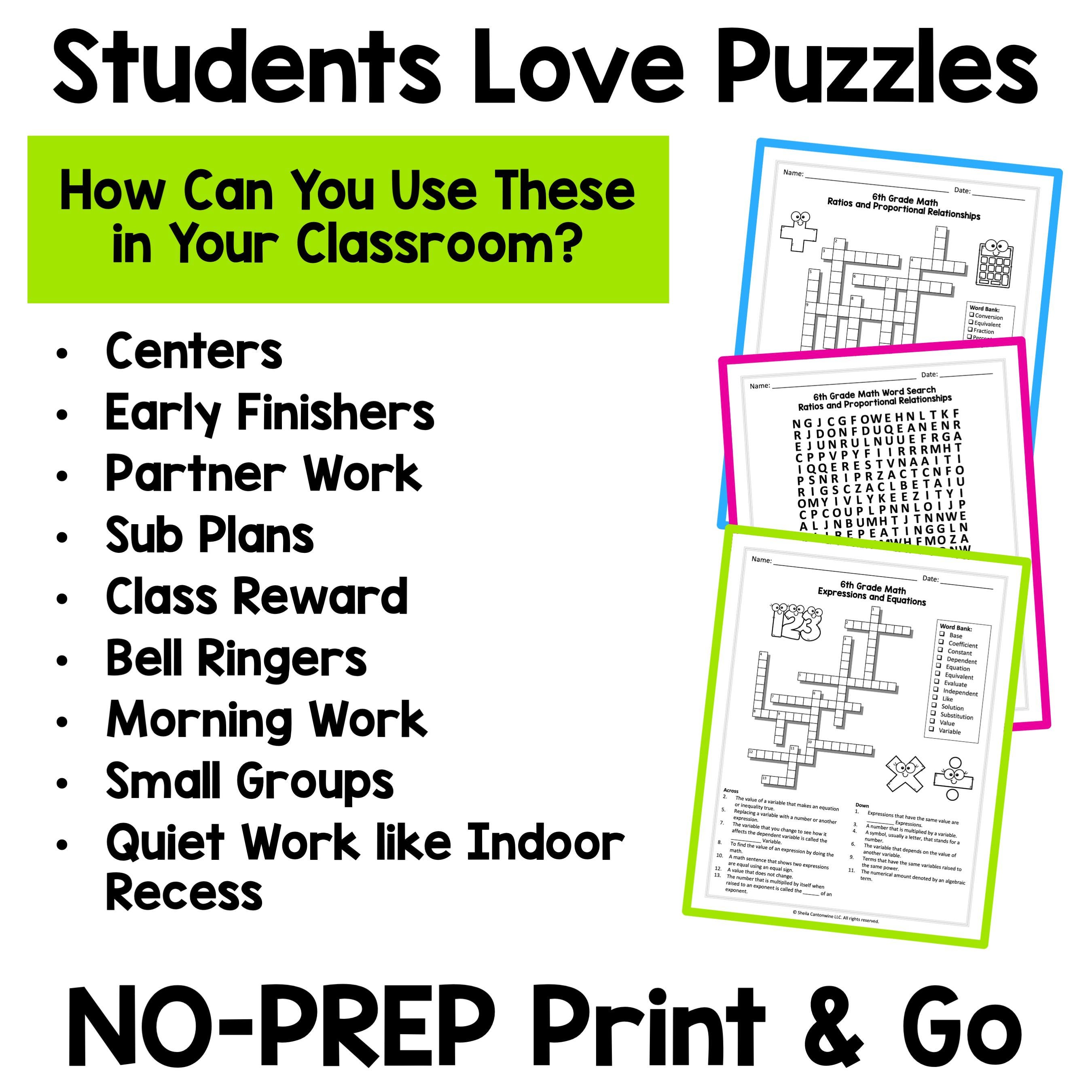 6th Grade Math Vocabulary Crossword Puzzles and Word Searches - No Prep ...