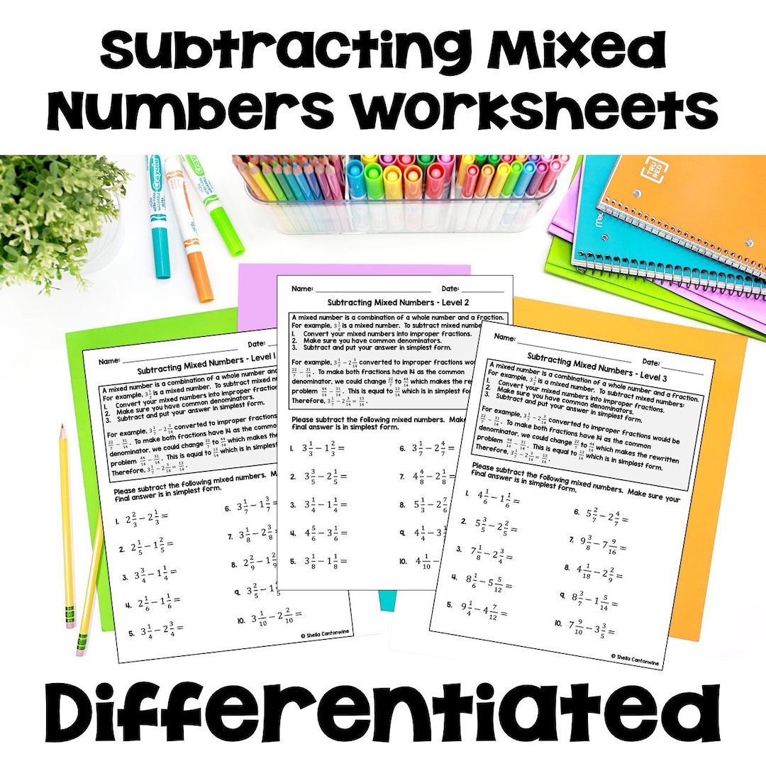 Subtracting Mixed Numbers Worksheets – Differentiated - Etsy
