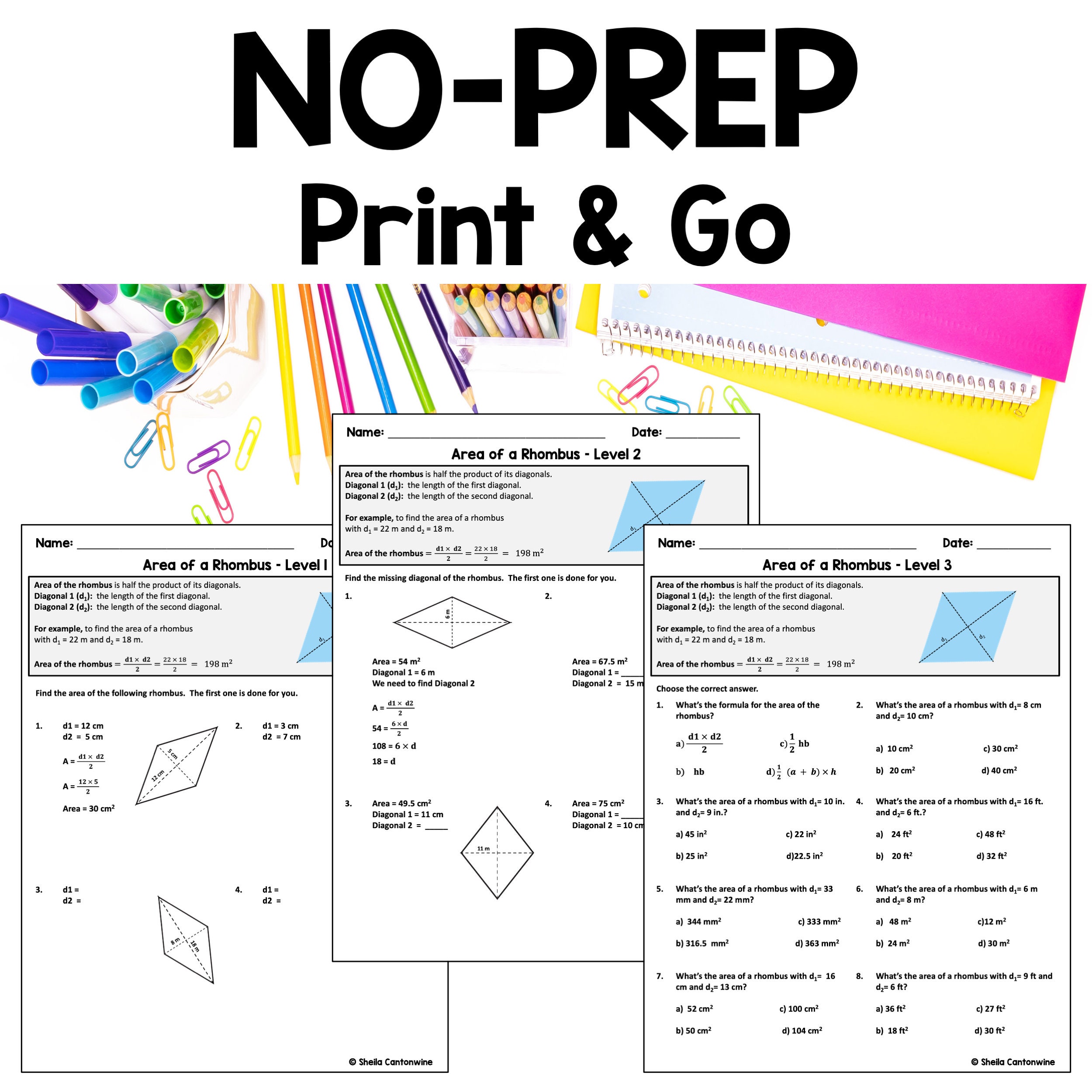 Area of a Rhombus Worksheets - Differentiated - Etsy