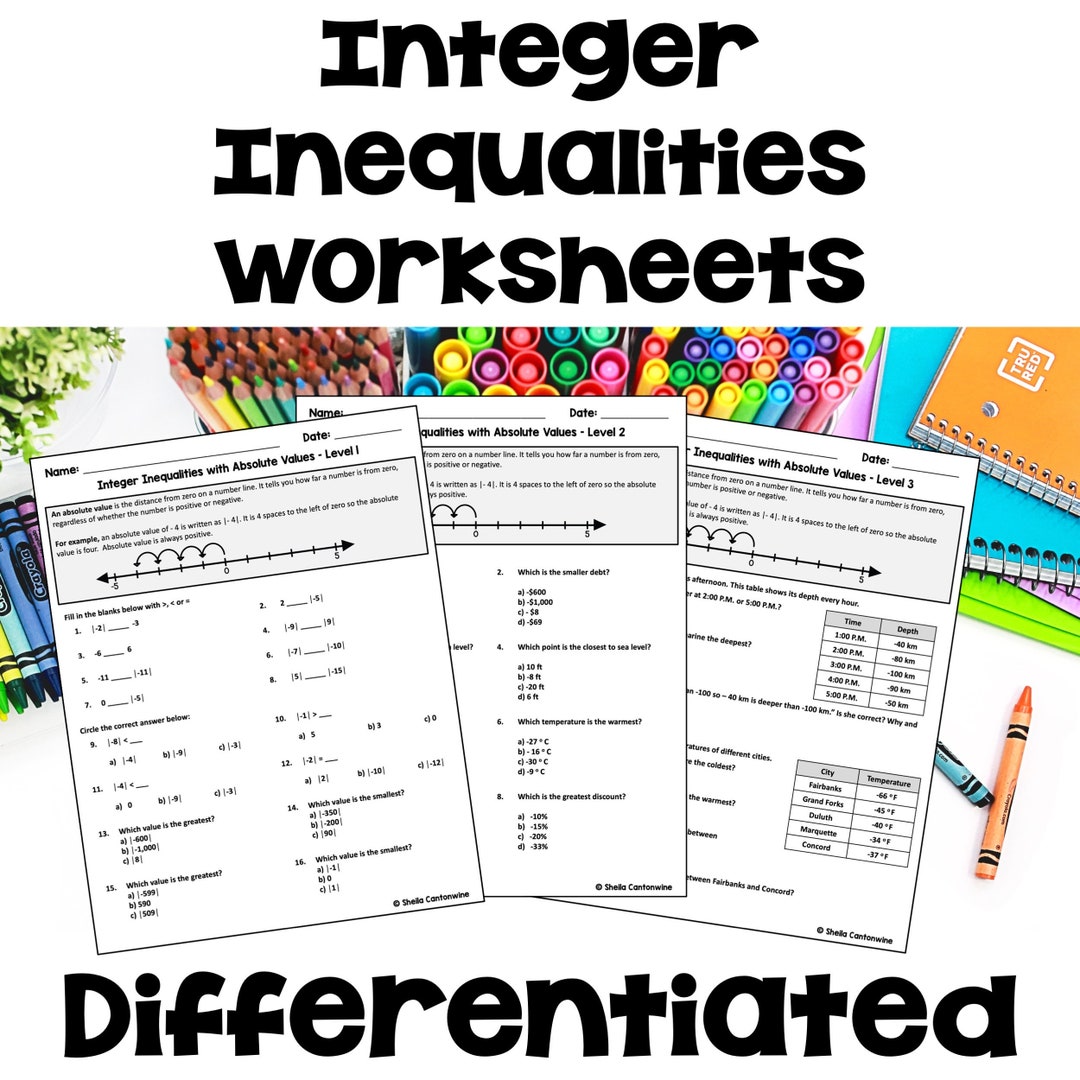 Integer Inequalities Worksheets - Differentiated - Etsy