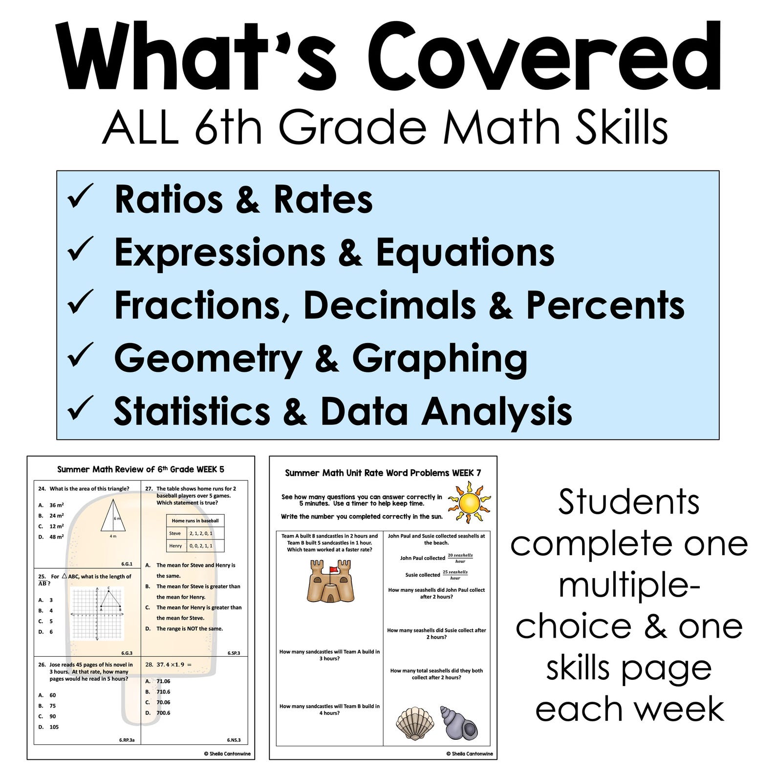6th Grade Math Summer Review Packet Worksheets - No Prep Activities for ...