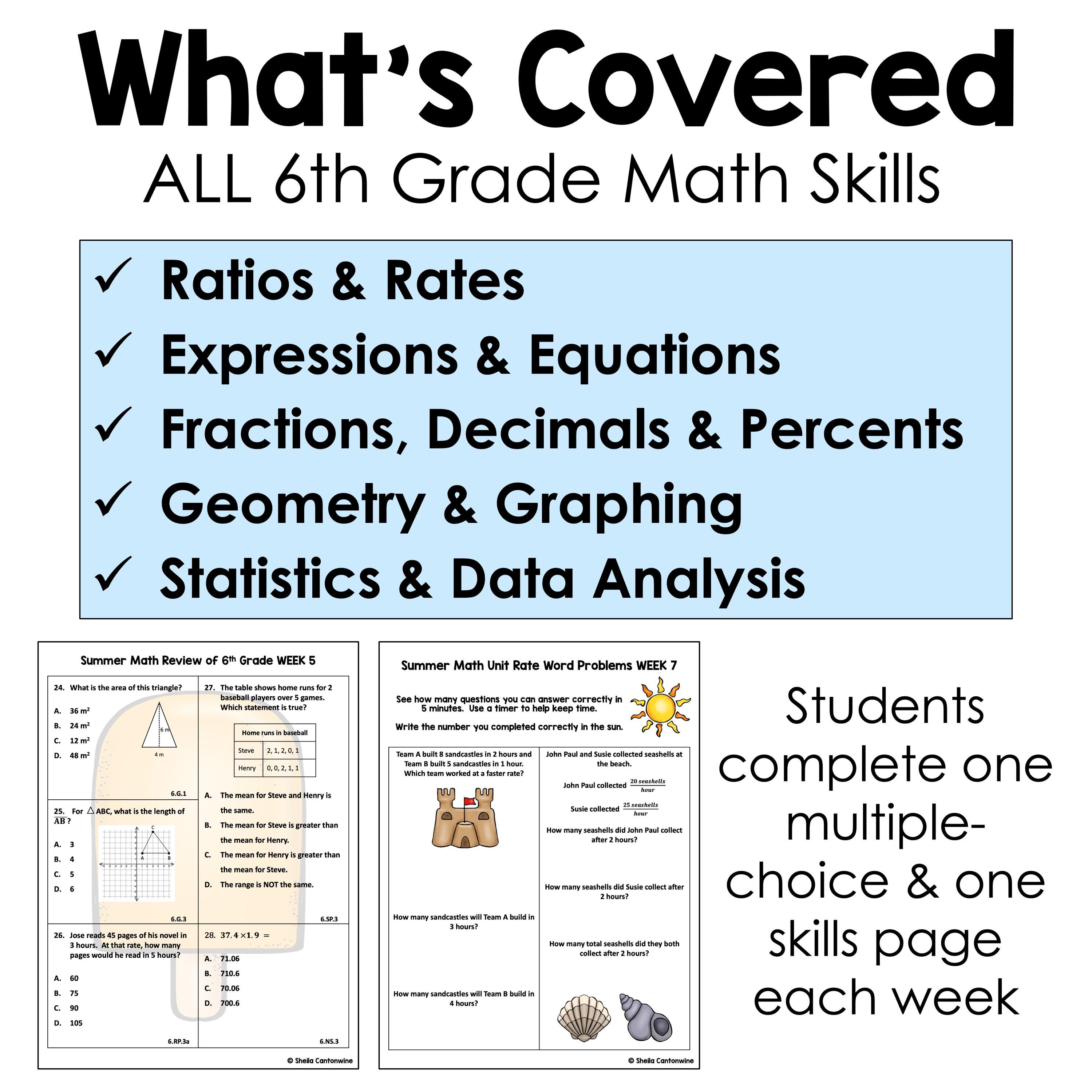6th Grade Math Summer Review Packet Worksheets - No Prep Activities for ...