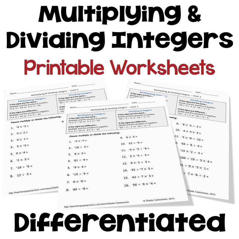 Multiplying and Dividing Integers Worksheets Differentiated - Etsy