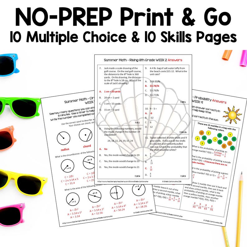 7th Grade Math Summer Review Packet Worksheets - No Prep Activities ...