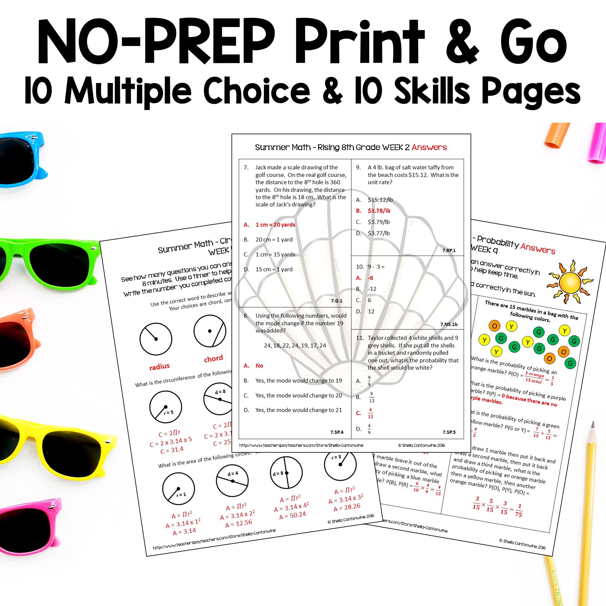7th Grade Math Summer Review Packet Worksheets - No Prep Activities ...