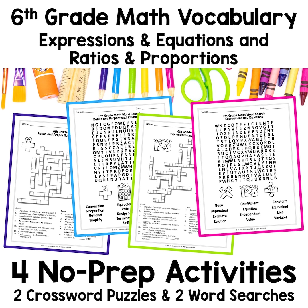 6th Grade Math Vocabulary Crossword Puzzles and Word Searches - No Prep ...