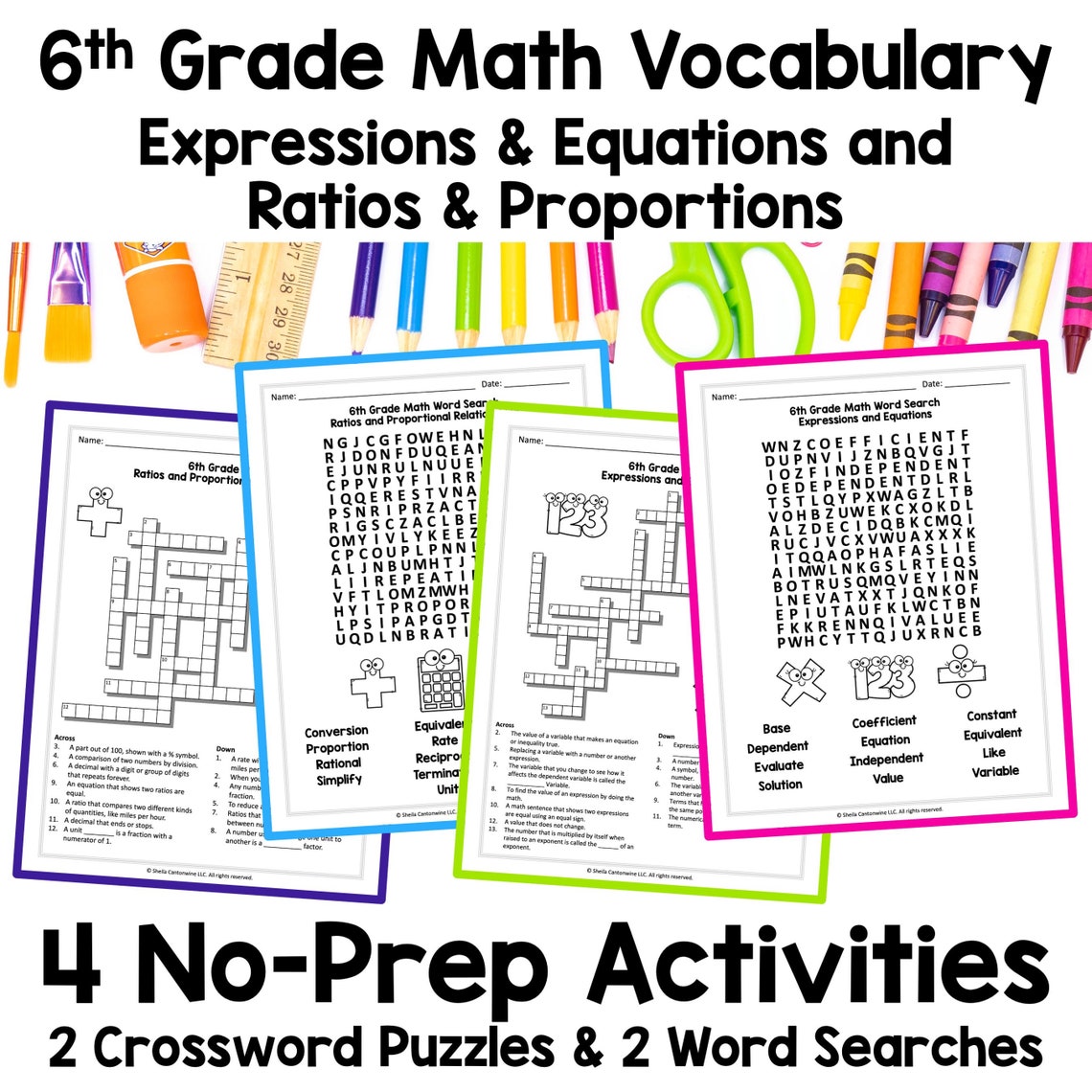 6th Grade Math Vocabulary Crossword Puzzles and Word Searches - No Prep ...