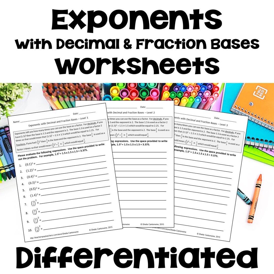 Exponents With Decimal and Fraction Bases Worksheets - Differentiated ...