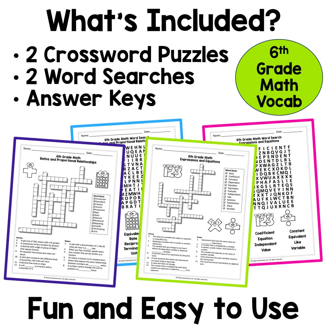 6th Grade Math Vocabulary Crossword Puzzles and Word Searches - No Prep ...