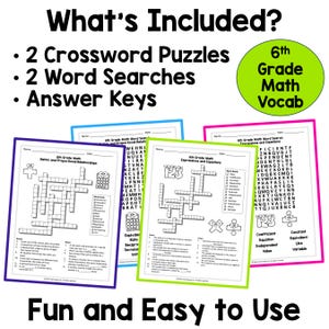 6th Grade Math Vocabulary Crossword Puzzles and Word Searches - No Prep ...