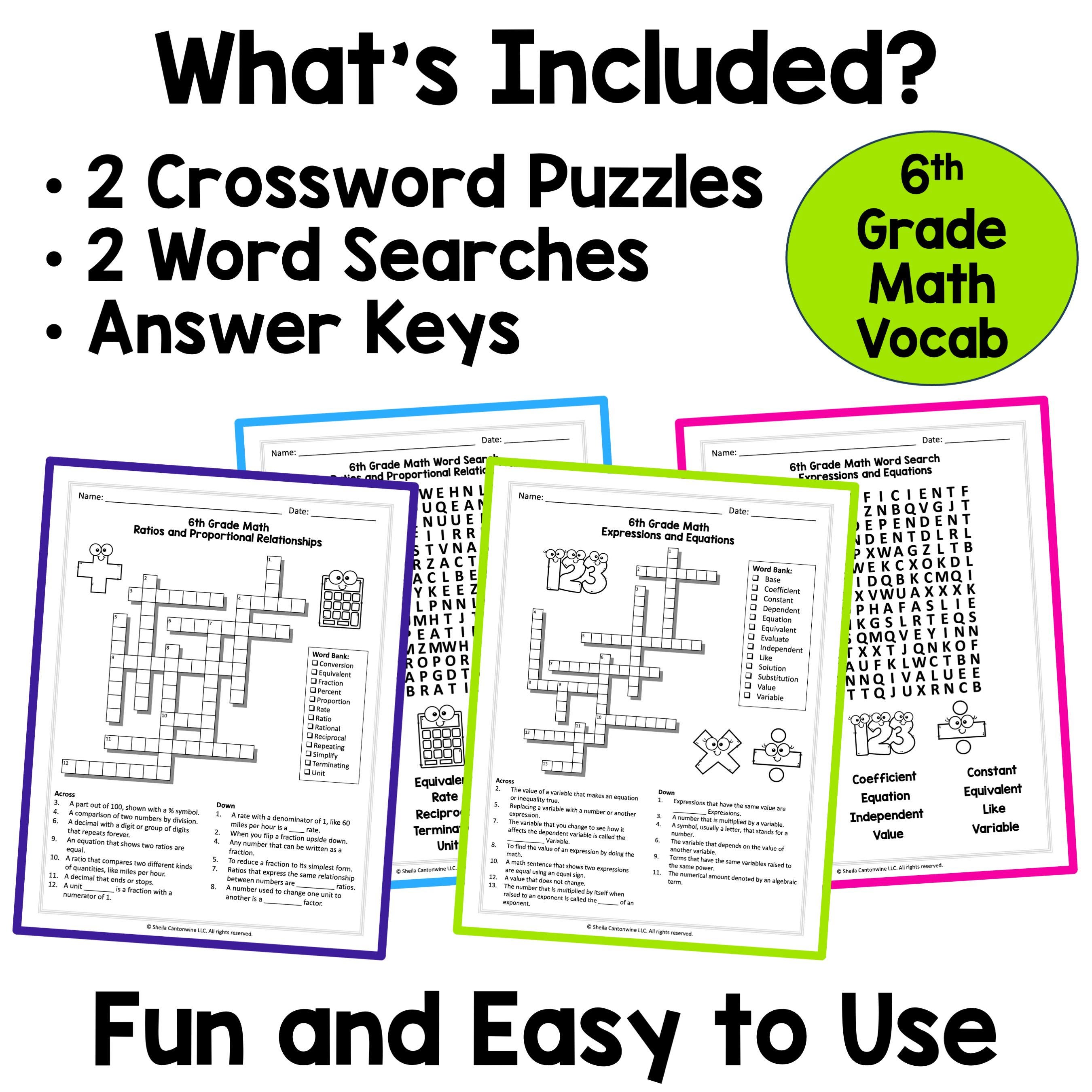 6th Grade Math Vocabulary Crossword Puzzles and Word Searches - No Prep ...