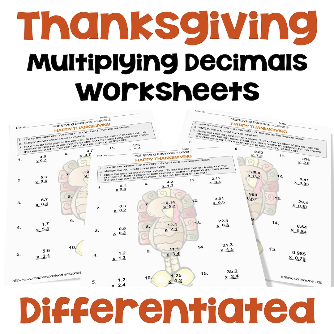 Thanksgiving Math Multiplying Decimals Worksheets – Differentiated - Etsy