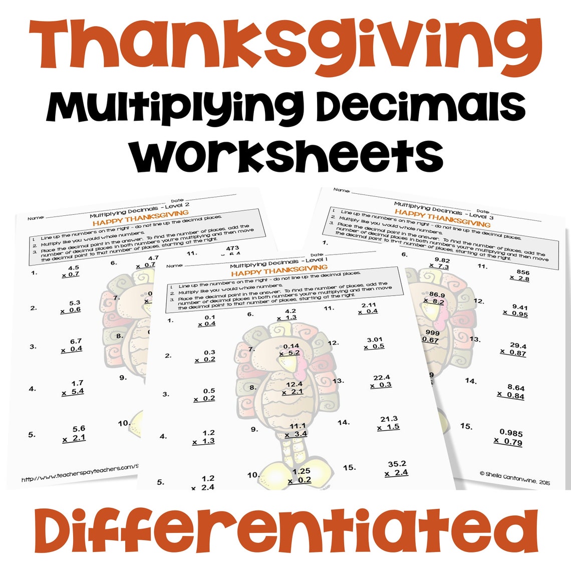 Thanksgiving Math Multiplying Decimals Worksheets – Differentiated - Etsy