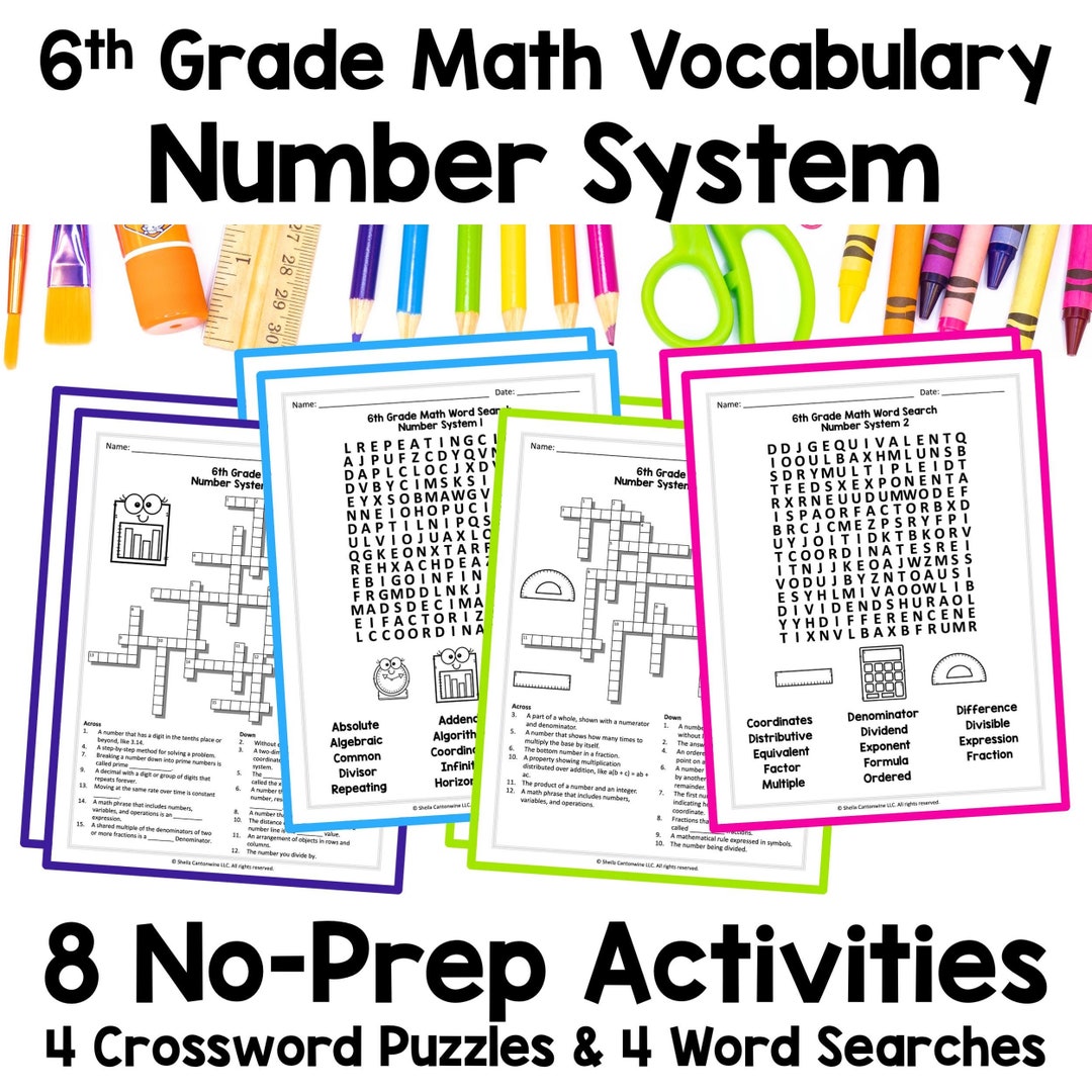 6th Grade Math Vocabulary Crossword Puzzles and Word Searches - No Prep ...