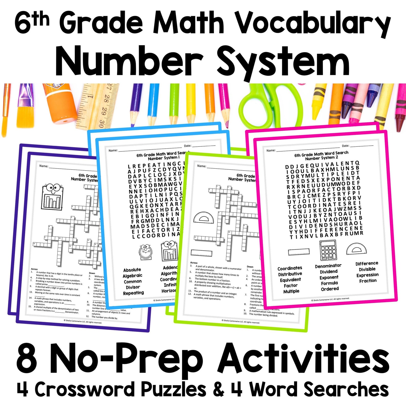 6th Grade Math Vocabulary Crossword Puzzles and Word Searches - No Prep ...