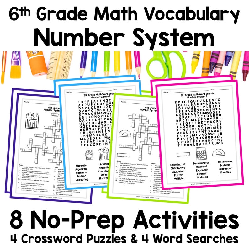 6th Grade Math Vocabulary Crossword Puzzles and Word Searches - No Prep ...