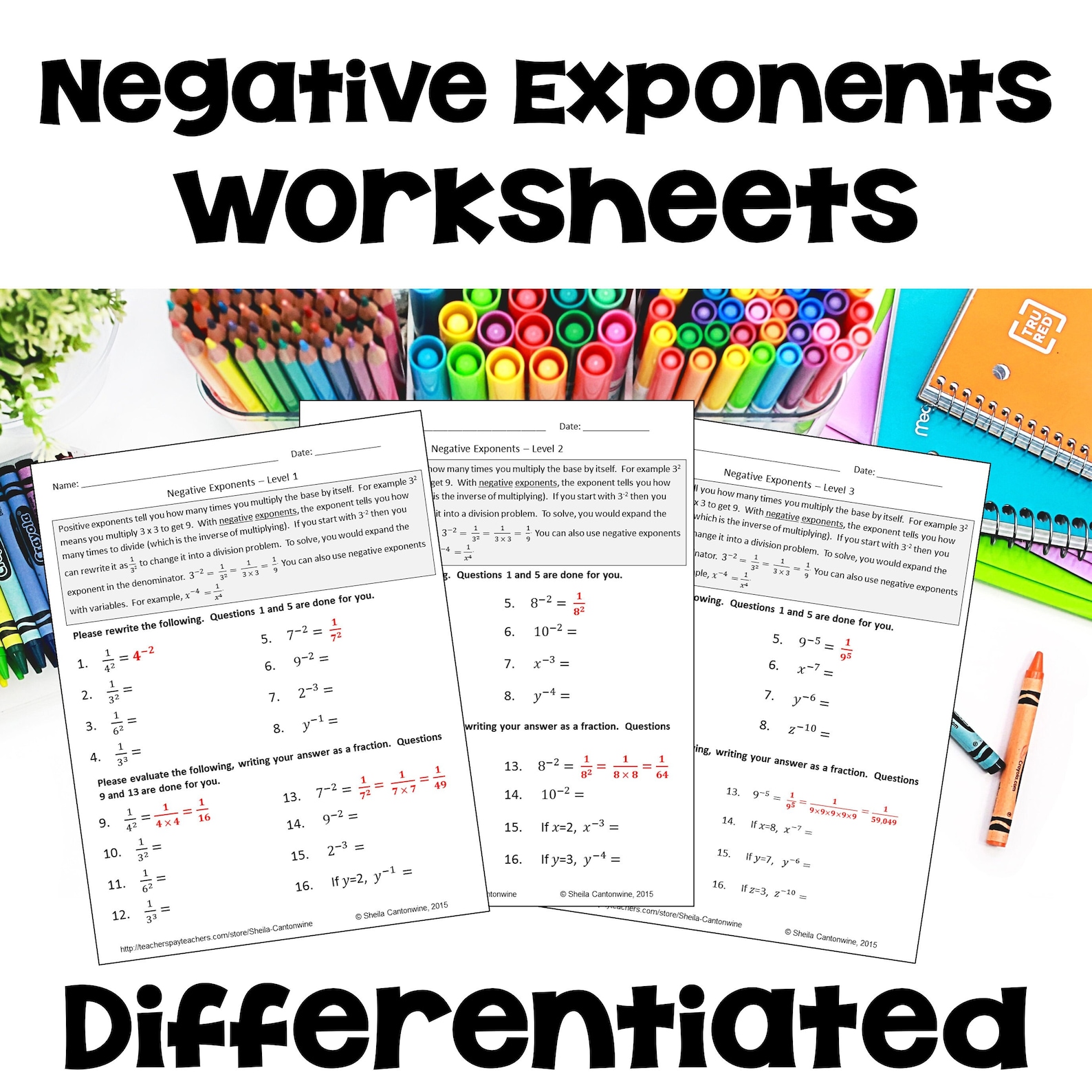 Negative Exponents Worksheets - Differentiated - Etsy